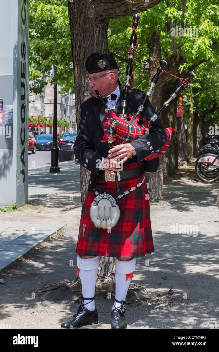 Bagpiper playing the bagpipe under a tree in spring in Old Montreal ...