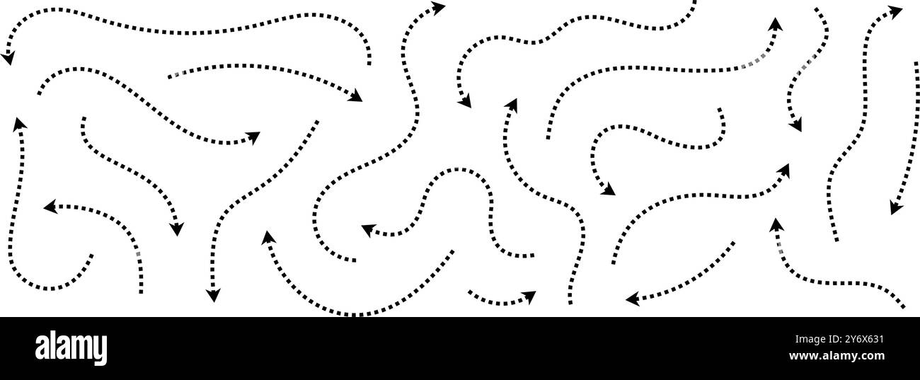 Black dotted thin arrows set. Wavy and curved dashed arrow collection. Wiggly sketchy pointers ...