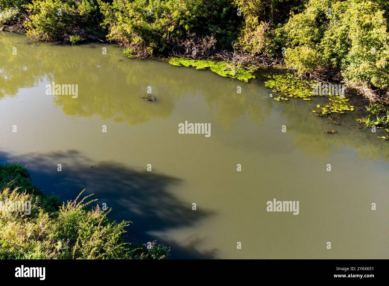 Low altitude view of a river bed with muddy water Stock Photo - Alamy