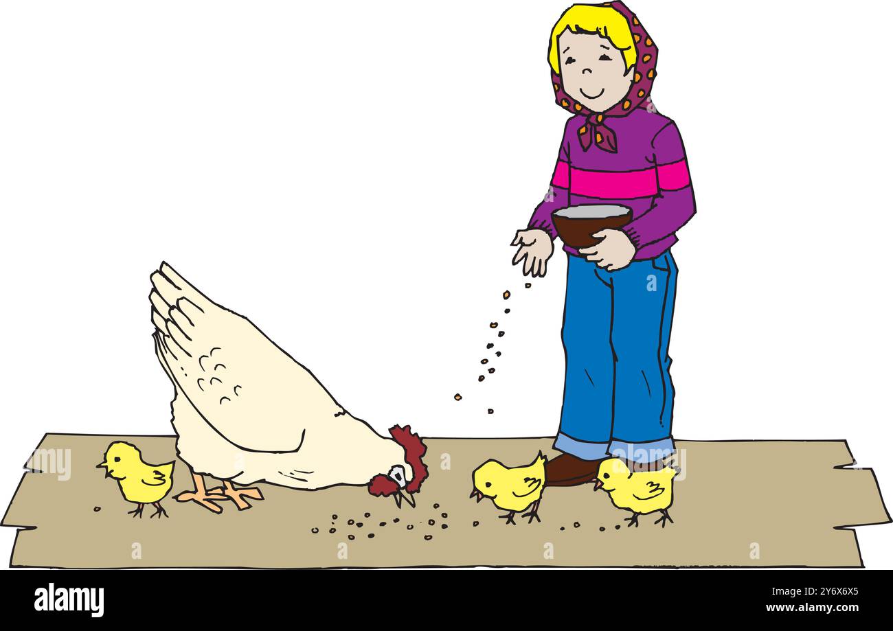 Little girl feeds some chickens and chicks. Cartoon character ...
