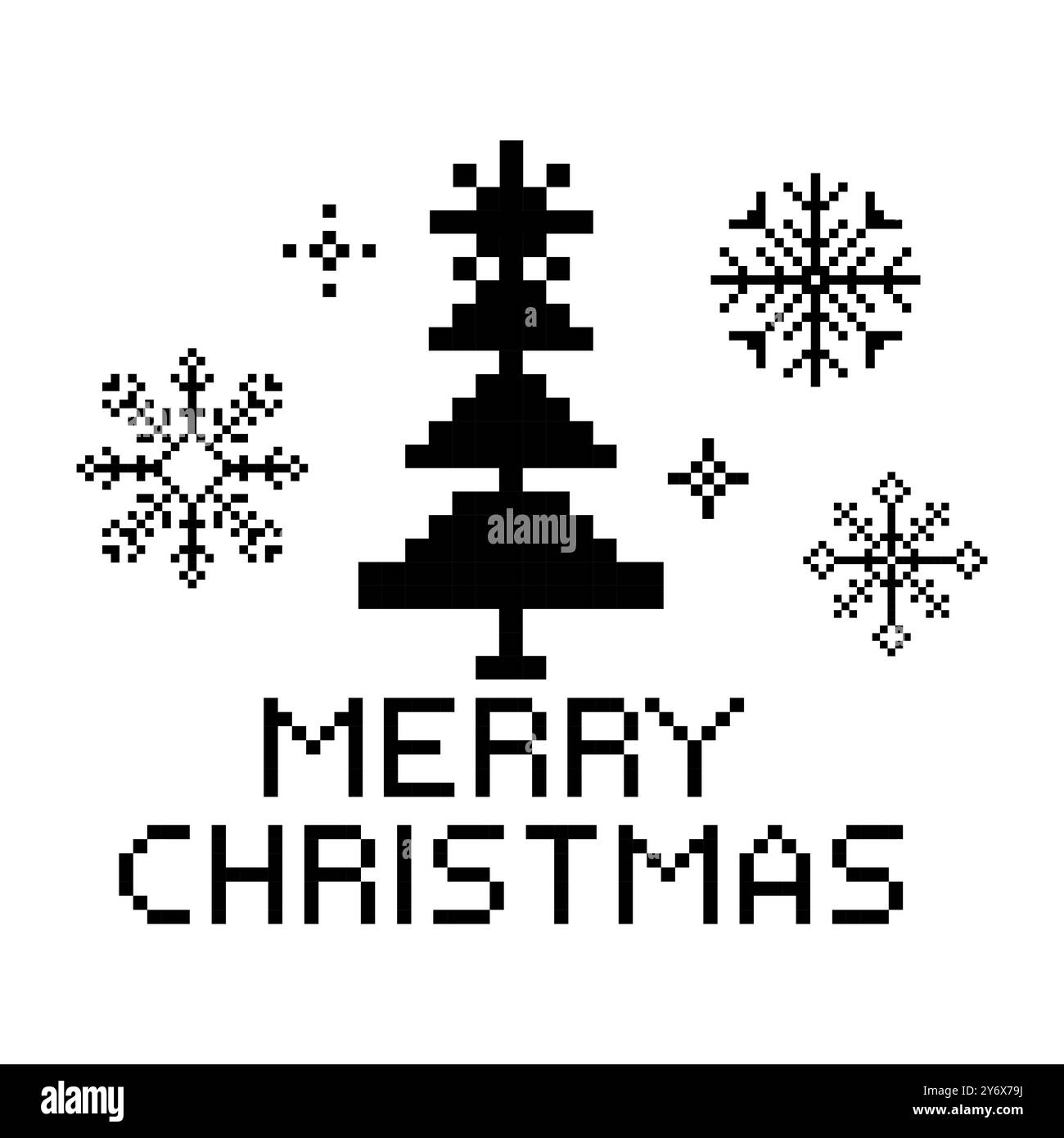 Merry christmas pixel retro text with tree and snowflkes, border ...