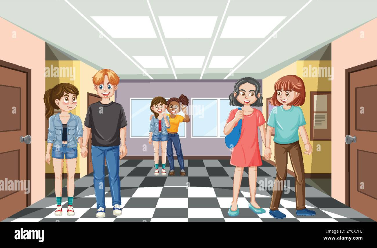 Students interacting and walking in a school hallway Stock Vector Image ...