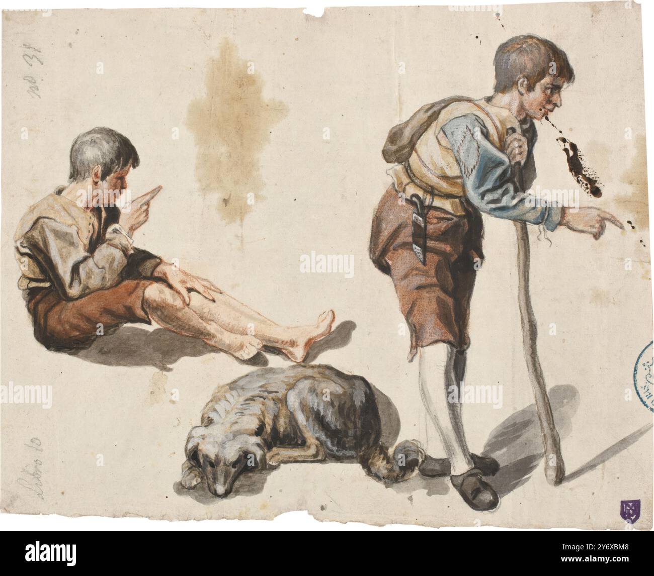 Anonymous / 'Beggar Children with a Dog'. XVIII century. Watercolour ...