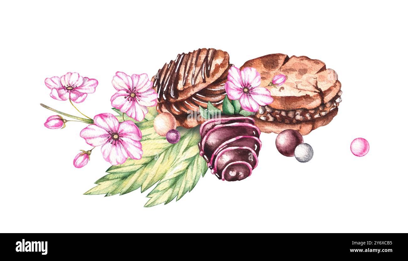 Watercolor desserts with flowers illustration collection Stock Photo ...
