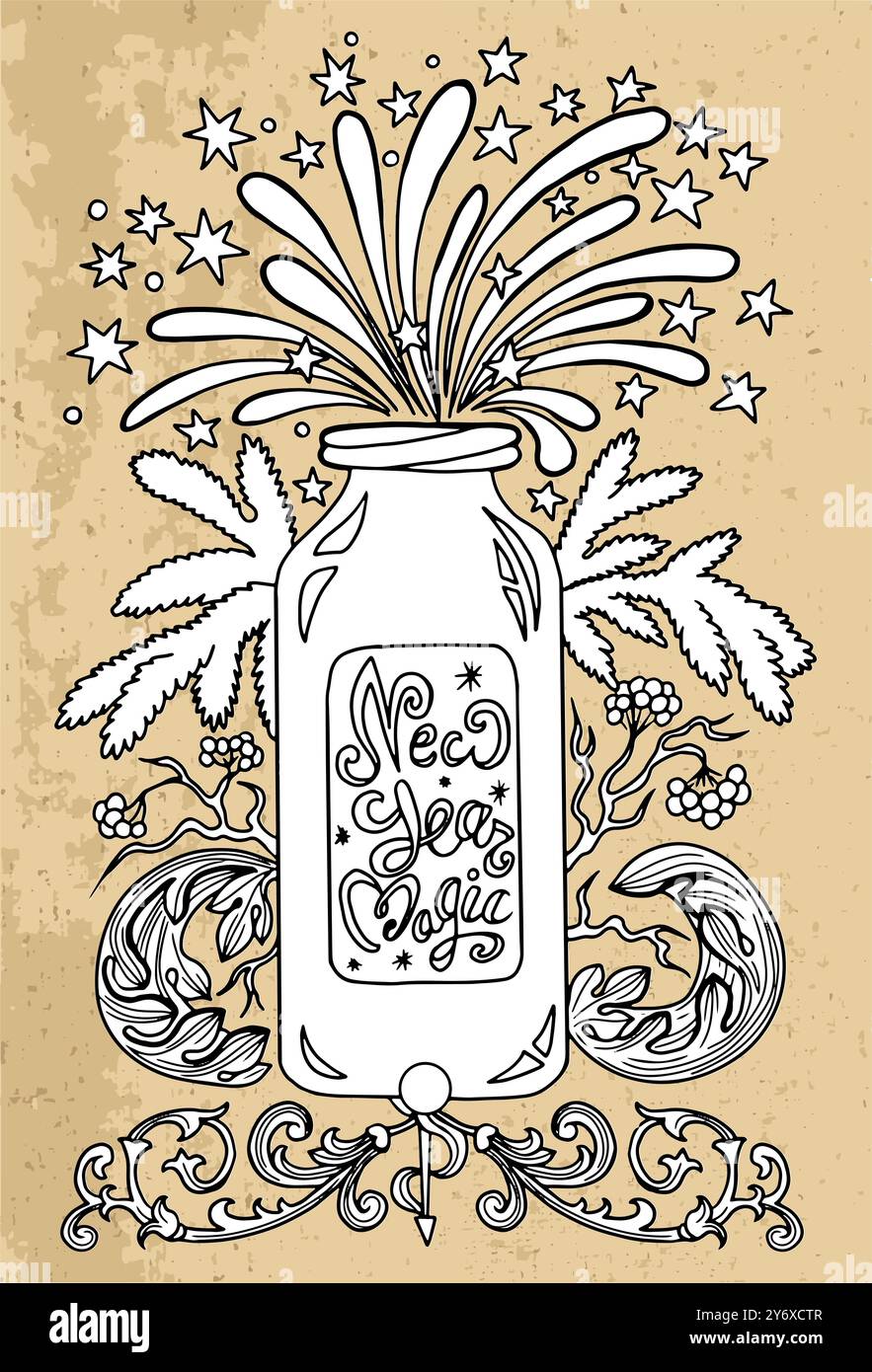 Hand drawn vector illustration with magic potion in decorated bottle ...