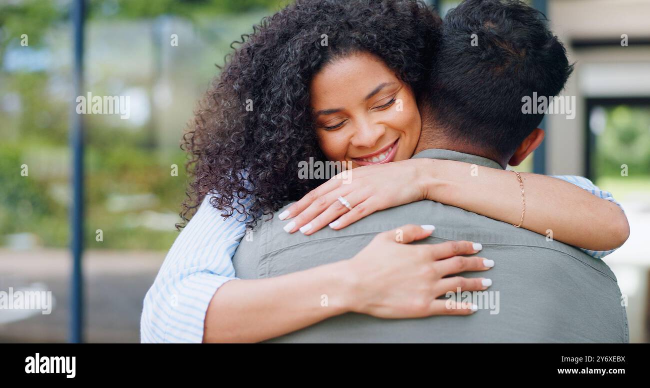 Love, happy and couple in home hug for bonding, commitment and ...