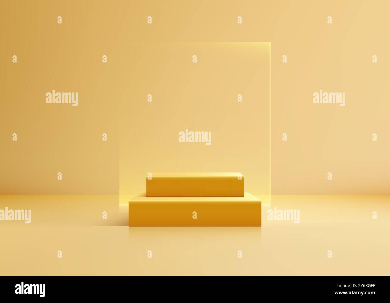 A minimalist 3D scene featuring a yellow podium and transparent glass ...