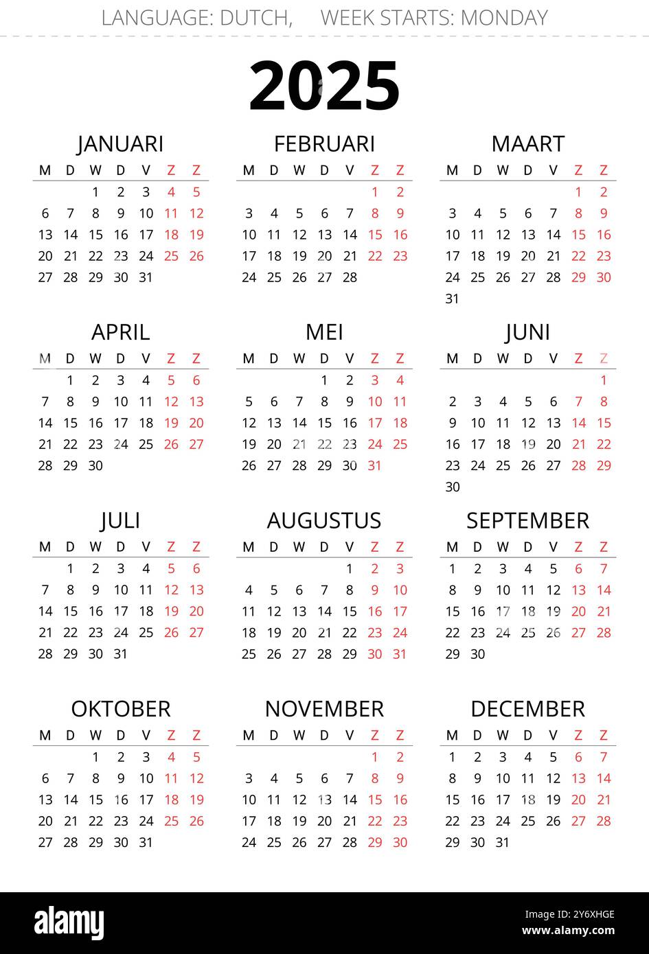 2025 dutch calendar. Printable, editable vector illustration for Dutch ...