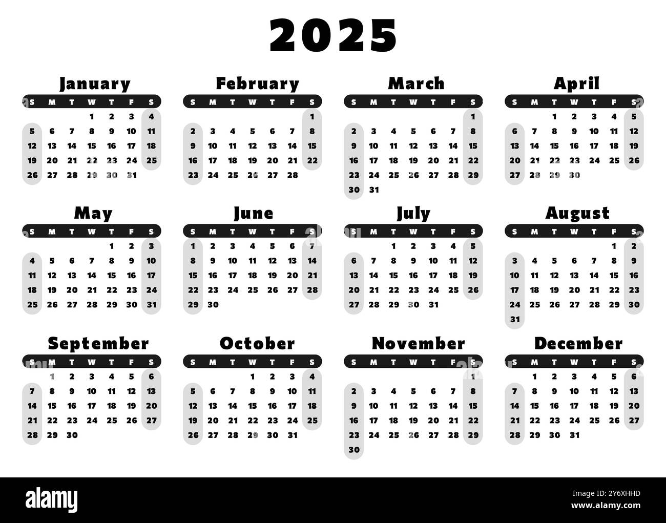 2025 year english vector calendar with 12 months in black colors Stock ...