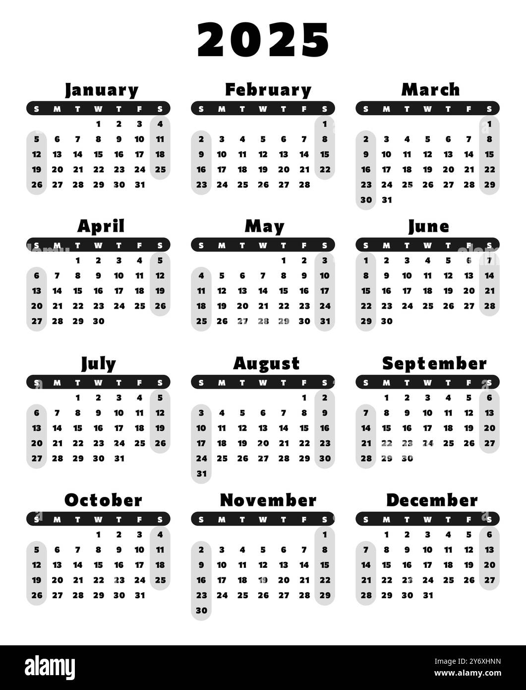 2025 year english vector calendar with 12 months in black colors Stock ...