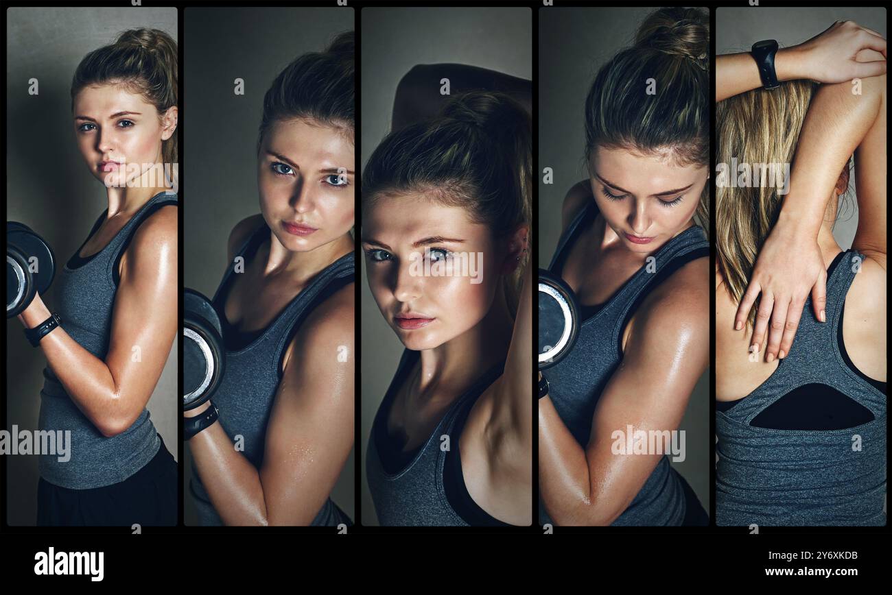 Woman, collage and dumbbell in studio for exercise, weightlifting and ...