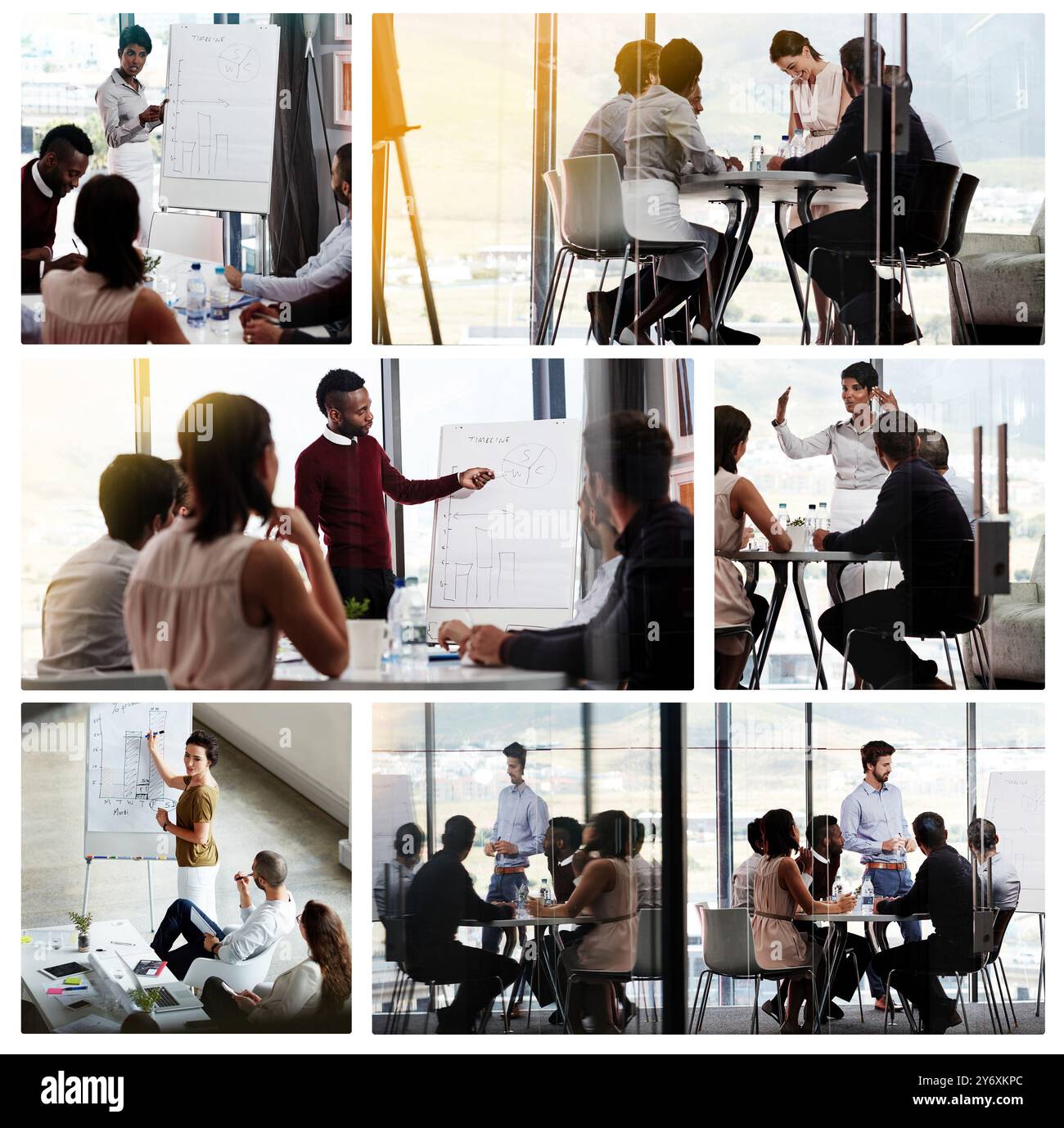 Collage, business people and meeting with discussion for presentation ...