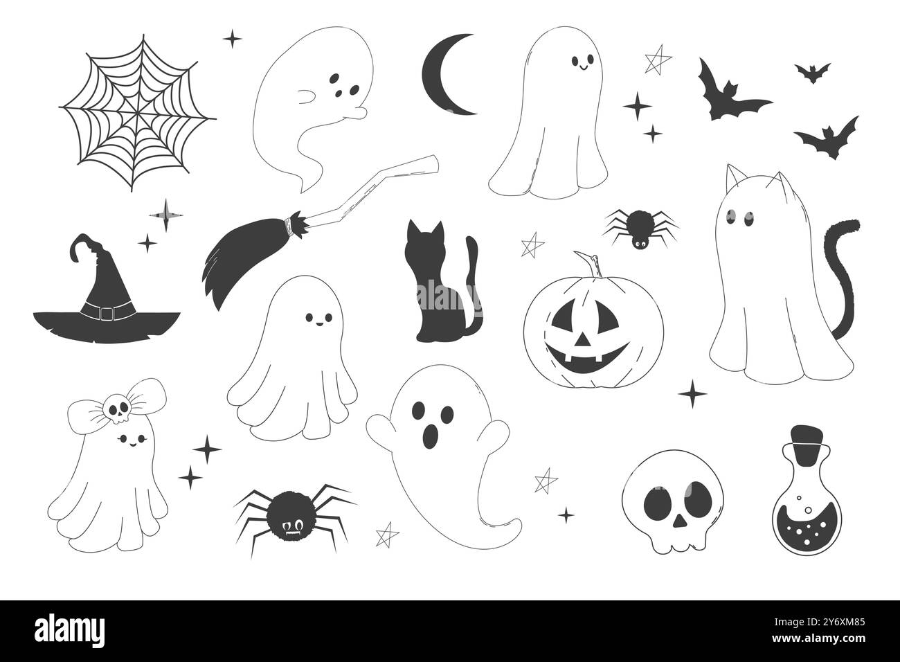 Set Halloween ghost with witch hat, skull, cute doodle characters and ...
