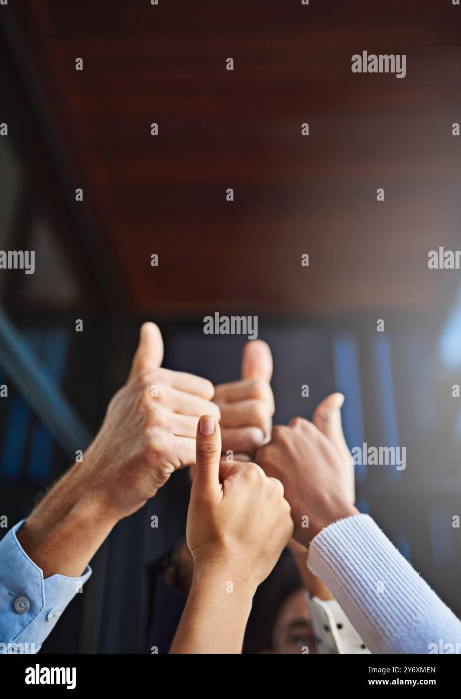 Thumbs up, hands and business people with yes, motivation and teamwork ...