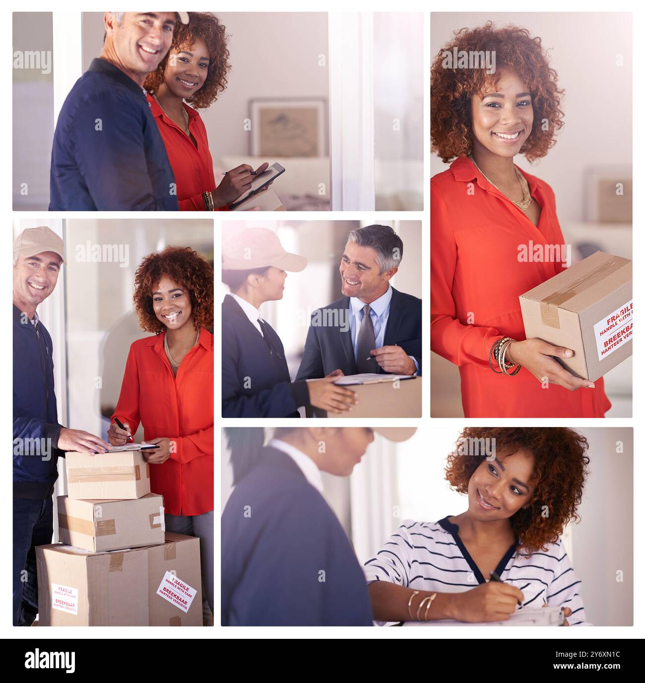 Business woman, delivery and collage with package signature and e ...