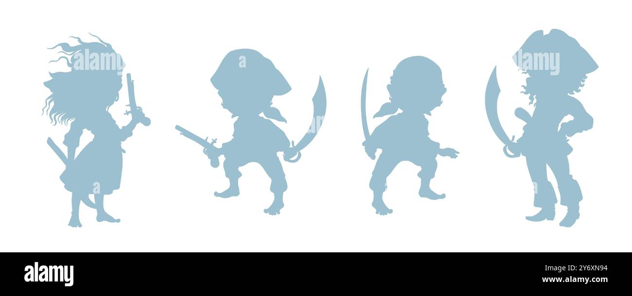 Pirate shadows. Set of Hand drawn corsair children silhouettes ...
