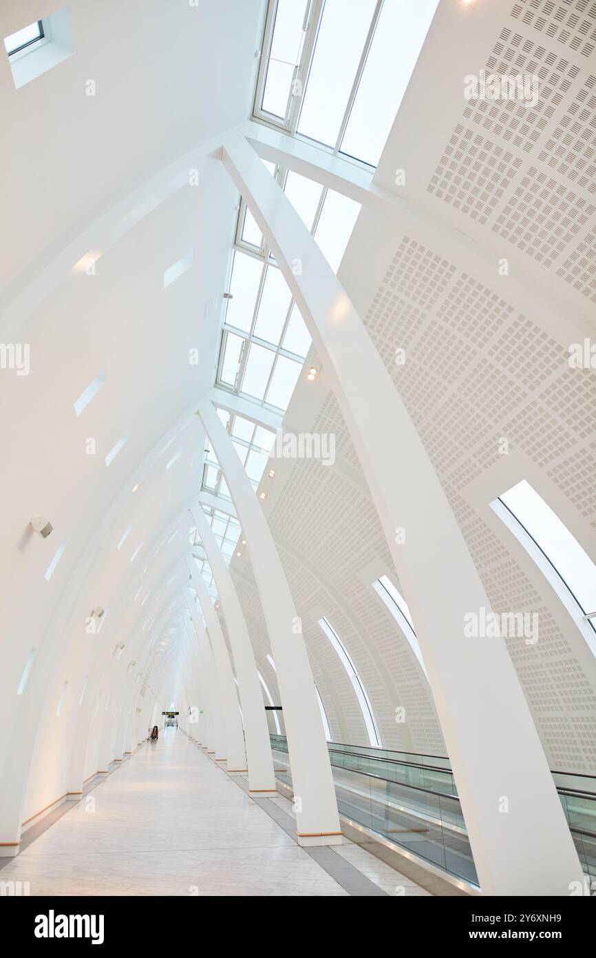 Airport, corridor and architecture in tunnel with pillar, design and ...