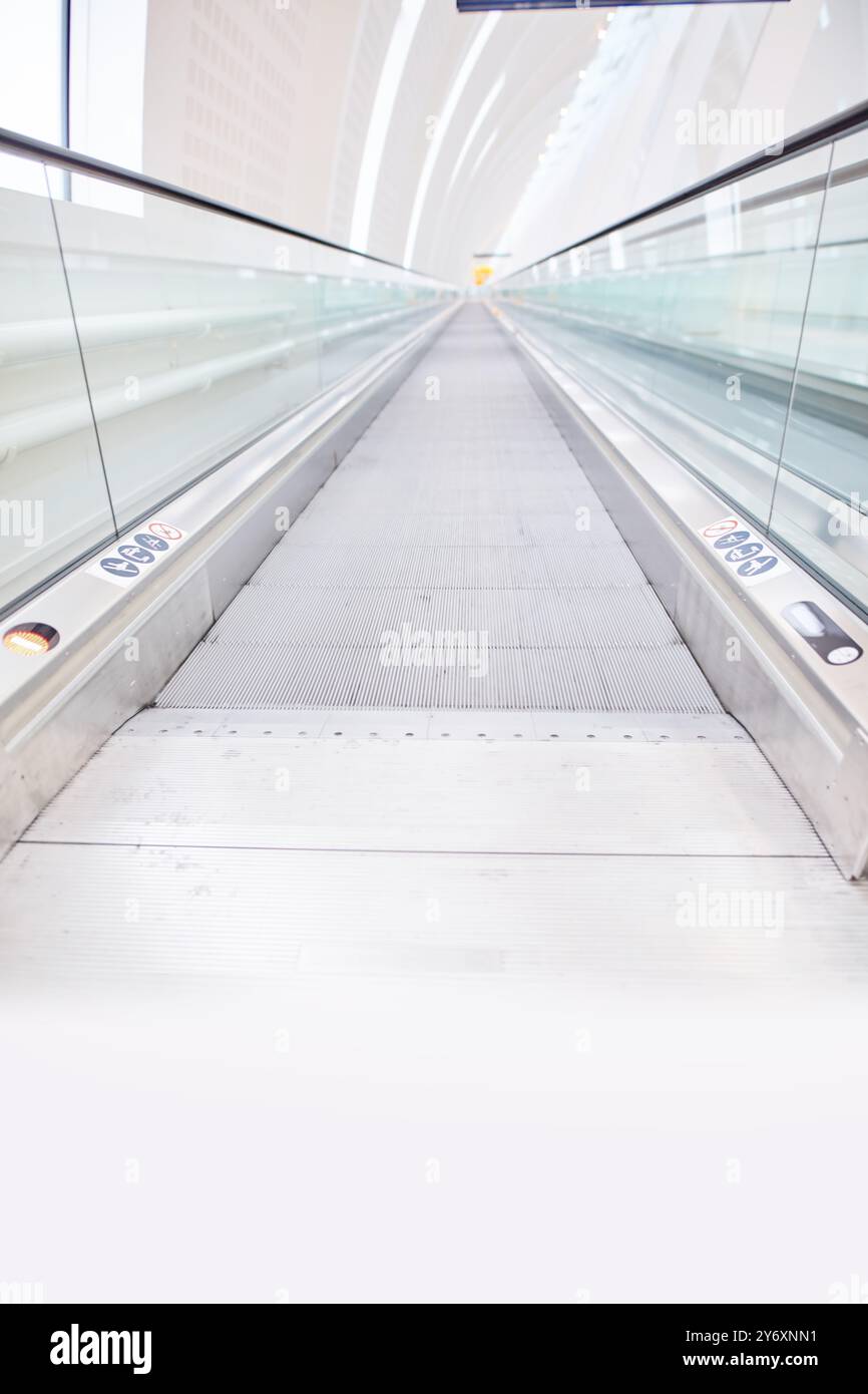Airport, moving walkway or escalator on floor for travel ...