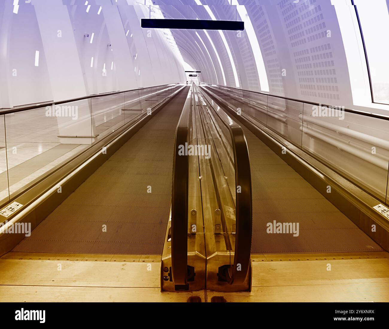 Airport terminal, hall and architecture of building, escalator and ...
