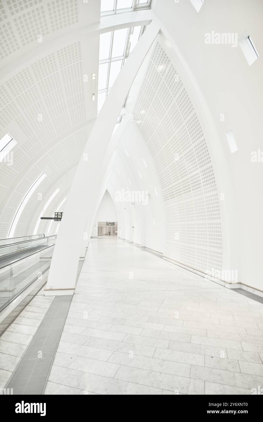 Airport, hallway and architecture in tunnel with pillar, design and ...