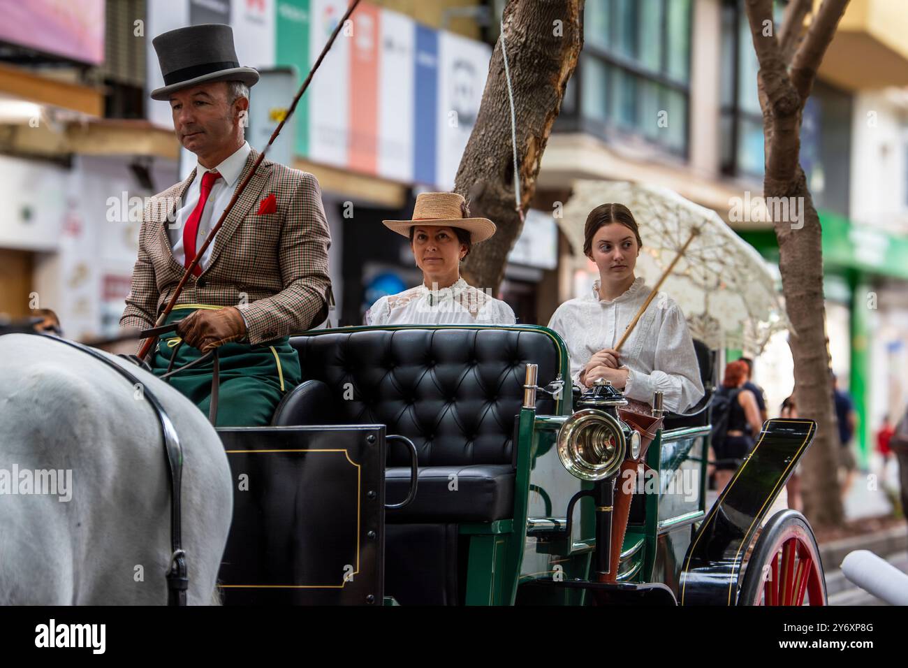 Group of people dressed in traditional Andalusian costumes, riding in a ...