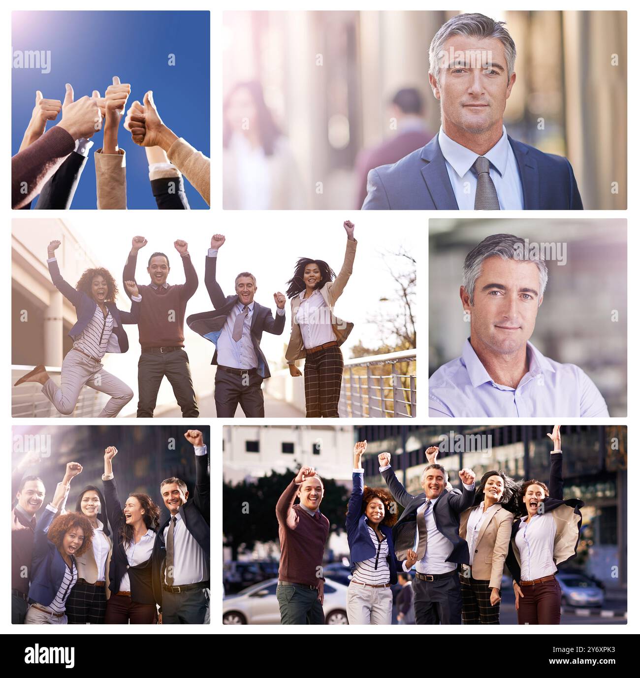 Business people, happy and collage with celebration in city for b2b ...