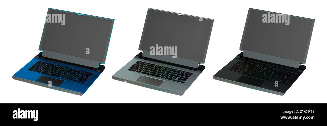 Set of modern laptops with rgb lights isolated on white background with ...