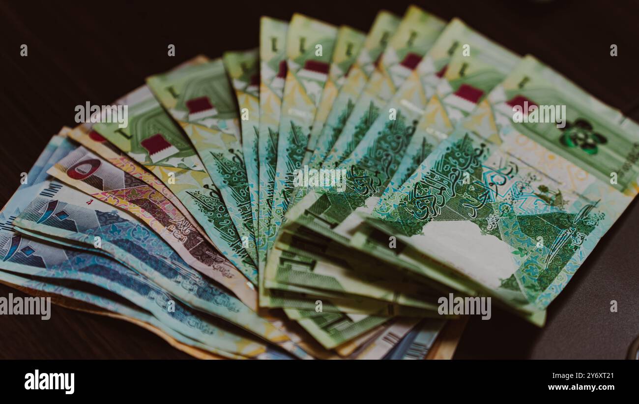 Currencies and money exchange trading concepts. Qatari 500 Riyals Bank ...