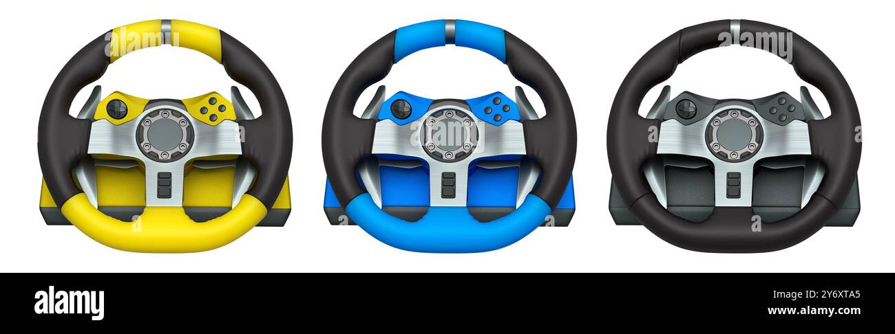 Set of racing game steering wheels isolated on white background with ...