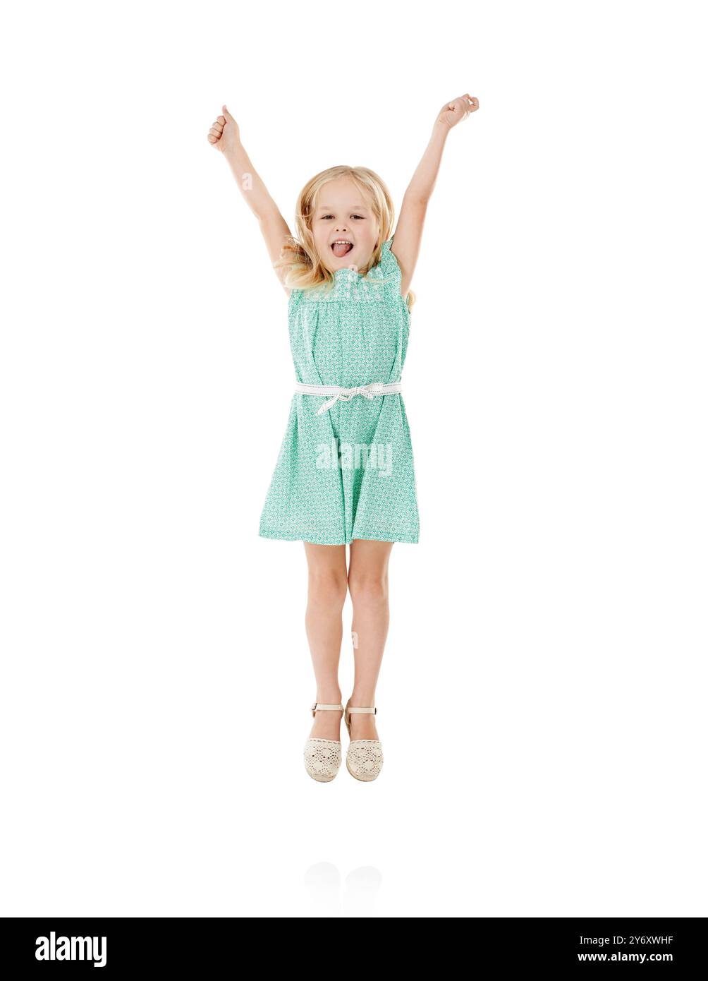 Studio, excited and child in portrait for jump, celebration and ...