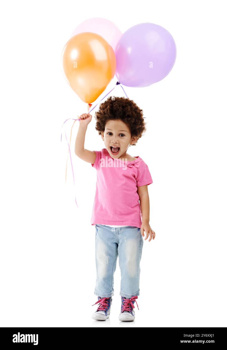 Balloons, scream and portrait of child in studio for birthday party ...