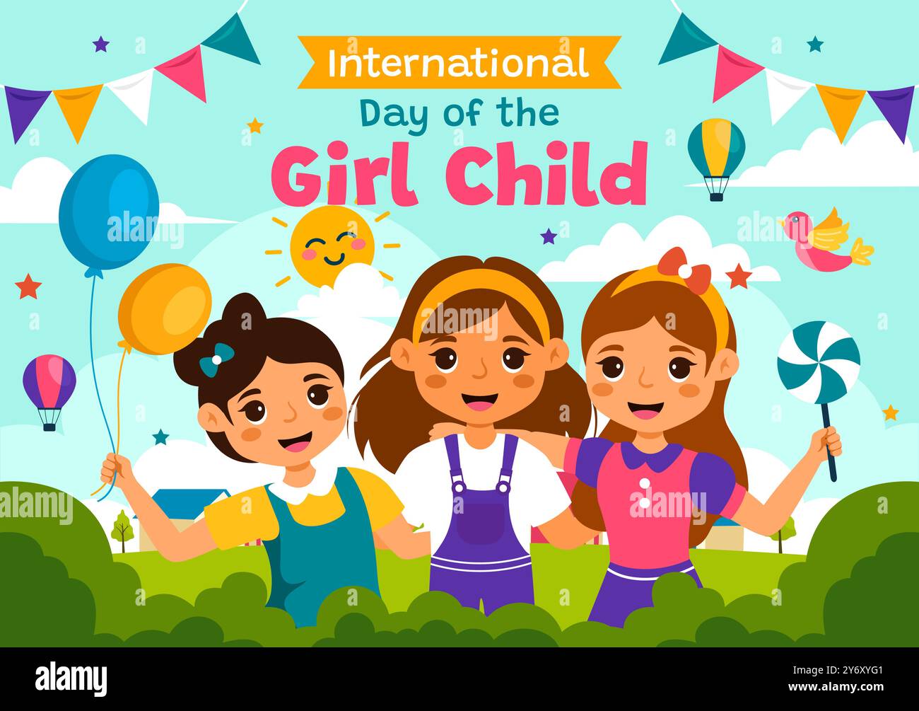 International Day of the Girl Child Vector Illustration with Little ...