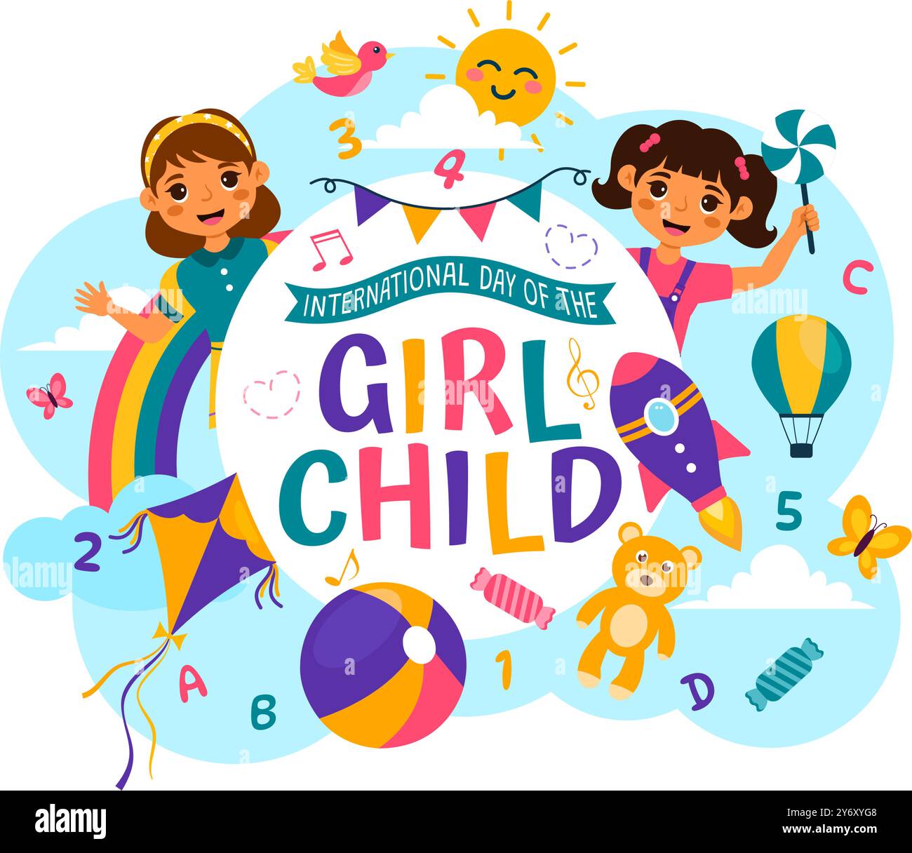 International Day of the Girl Child Vector Illustration with Little ...