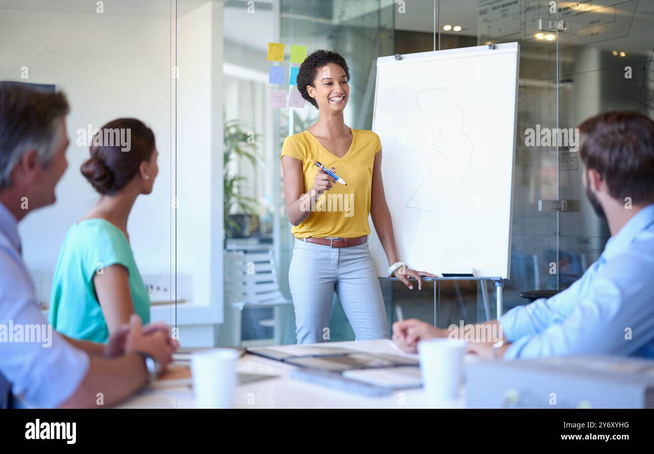 Business, people and smile with whiteboard in boardroom on meeting with ...