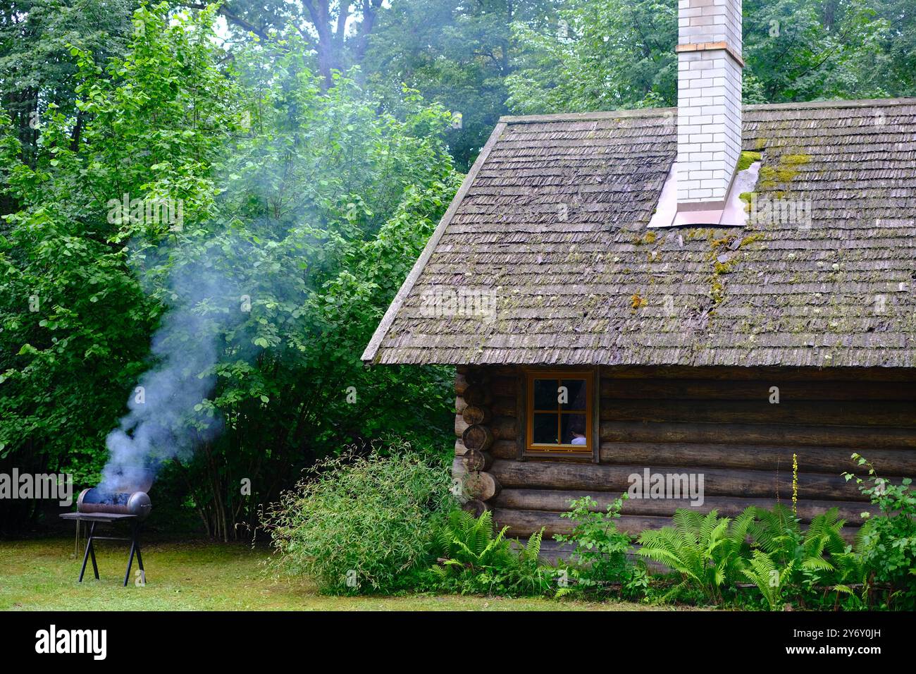 A rustic log cabin with a chimney and smoke billowing out of it. The ...