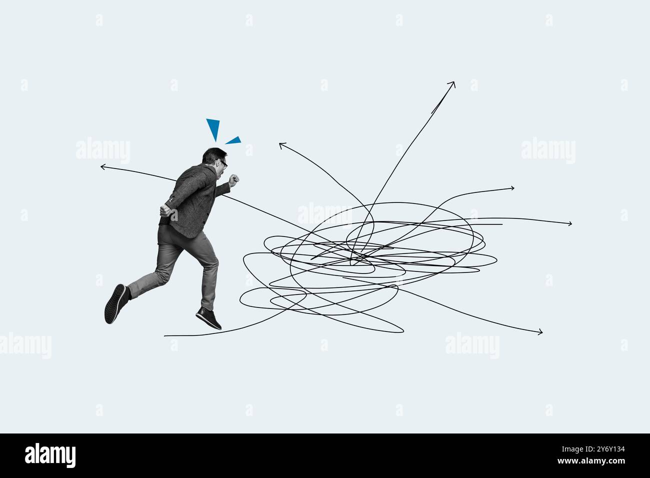 Composite photo collage of anonym confused man run arrow pointer turn ...