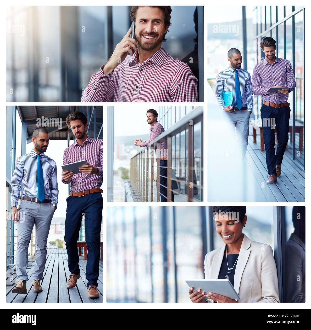 Collage, office and business people with tablet talking for b2b ...