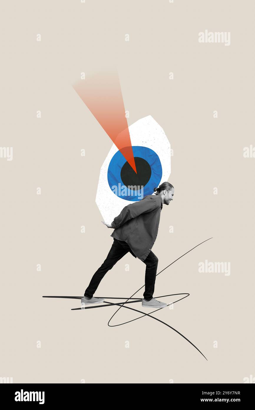 Vertical creative art collage of dissatisfied man carry ufo eyeball ...
