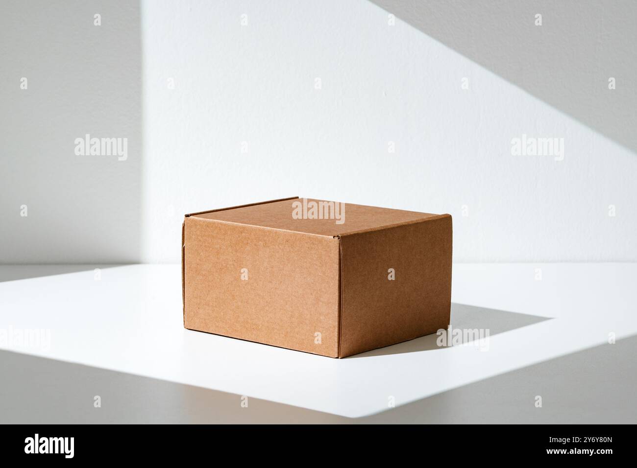 Simple brown cardboard box positioned on a white surface with soft ...