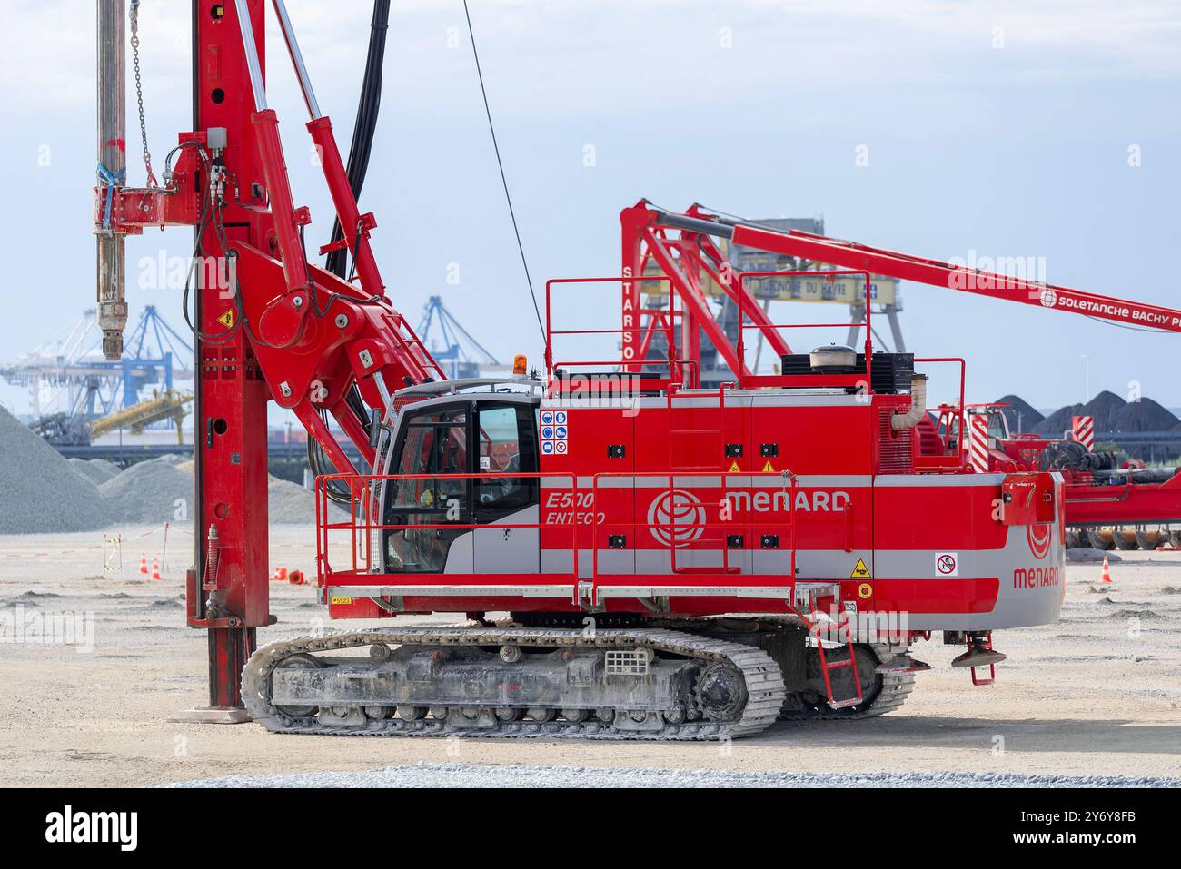 Le Havre, France - View on a red drilling rig Enteco E500 for special foundations on a ...