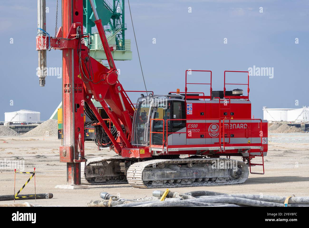 Le Havre, France - View on a red drilling rig Enteco E500 for special foundations on a ...
