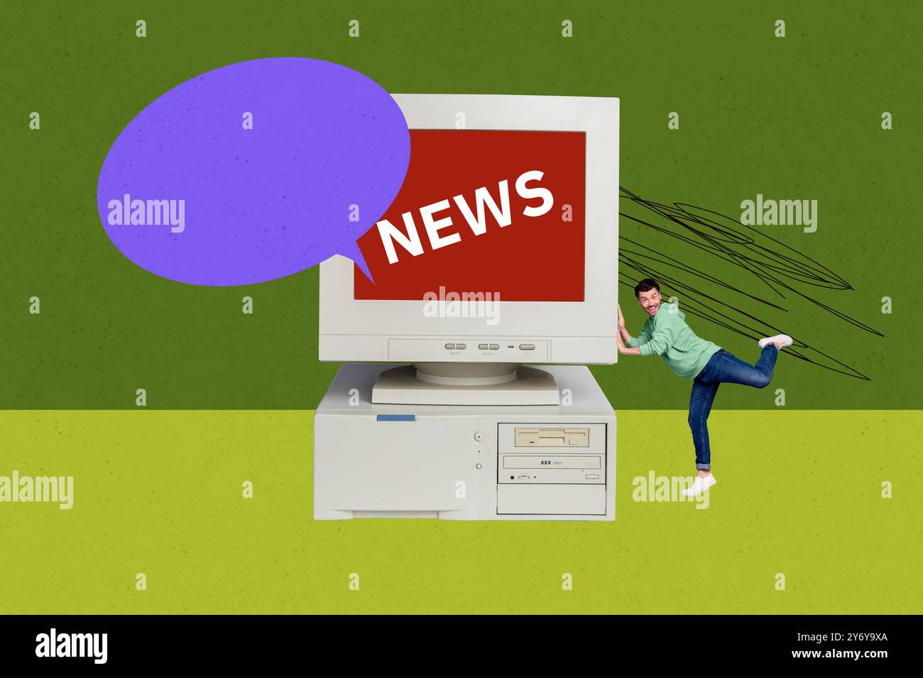 Creative collage picture young man computer monitor screen textbox ...