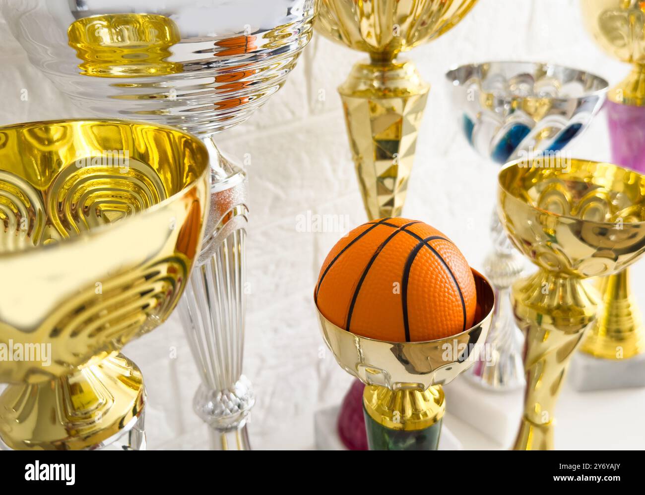 cups and various balls trophy and soccer ball Stock Photo - Alamy