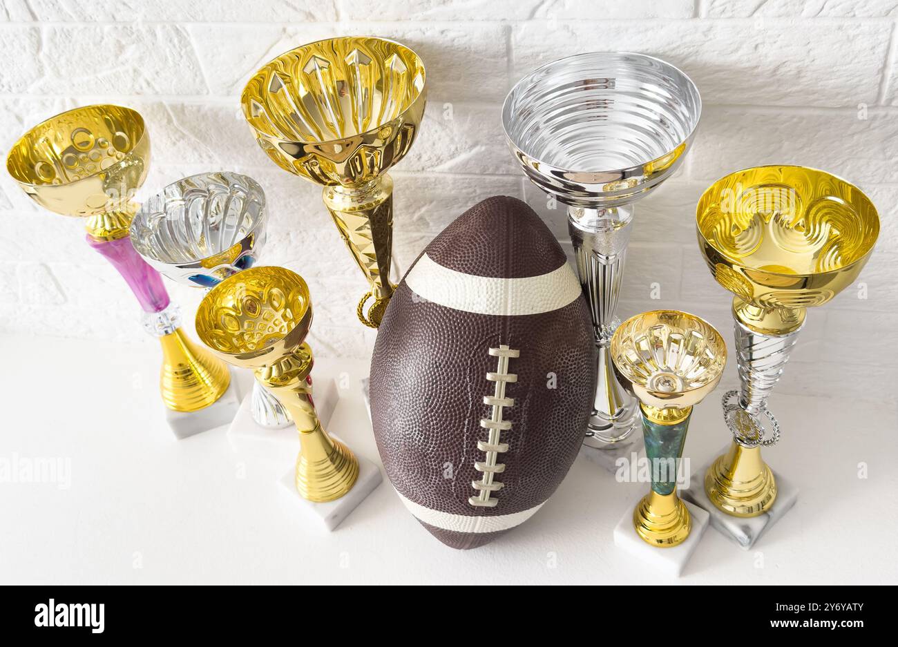 Sports, award and trophy at court for success, winner or achievement ...