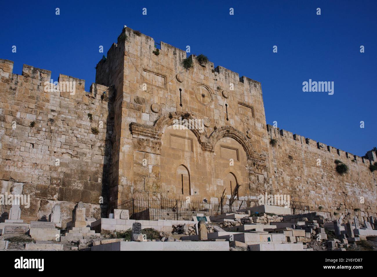 The medieval stone walls and ramparts of the Old City of Jerusalem and ...