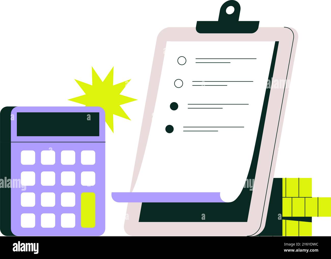 Calculator and clipboard with checklist, flat vector illustration ...