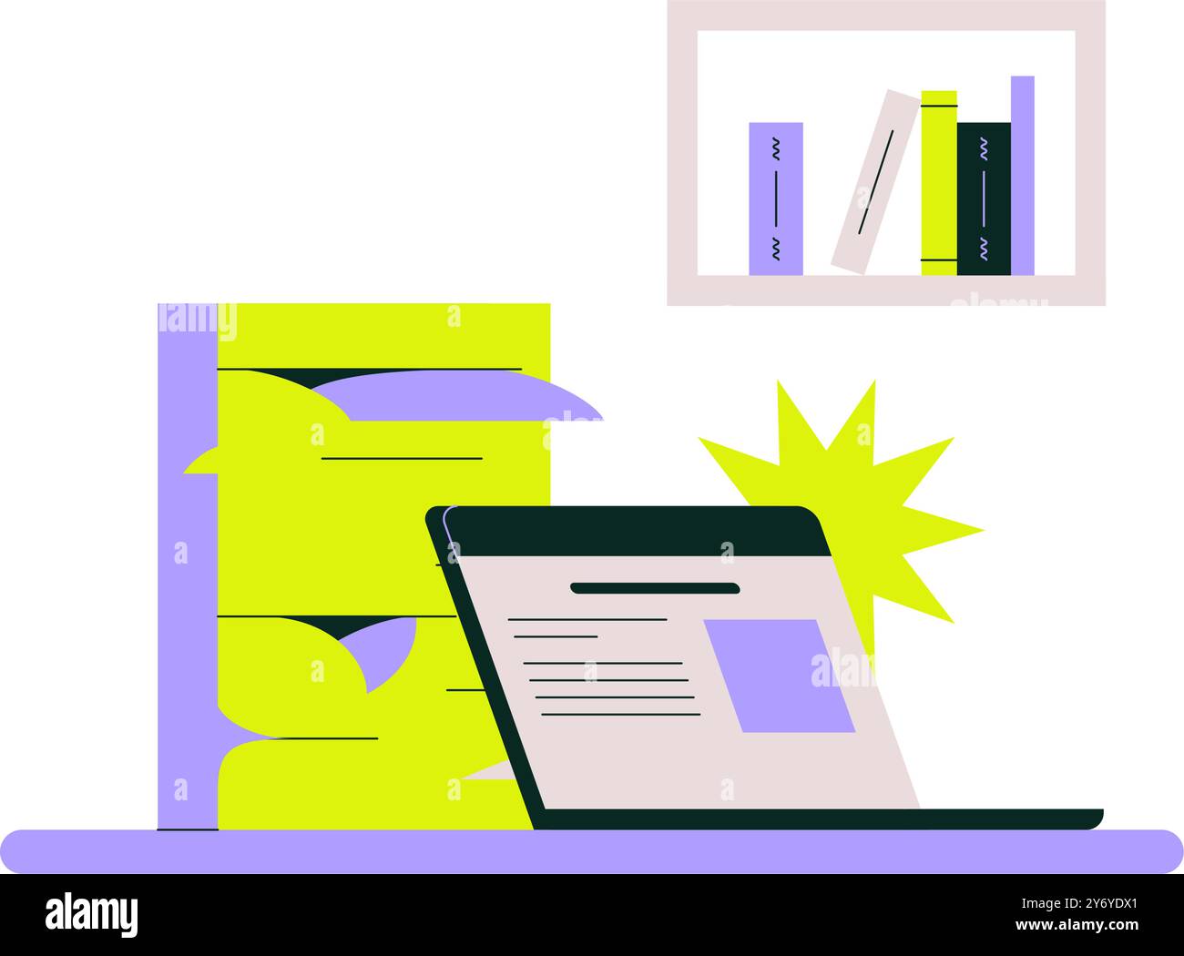 Office workspace with a laptop and stack of documents, flat vector ...