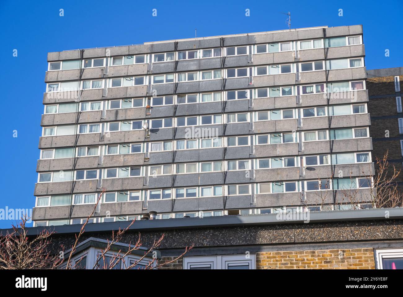 Facade of a council housing tower block Lulworth House, on the Agar ...