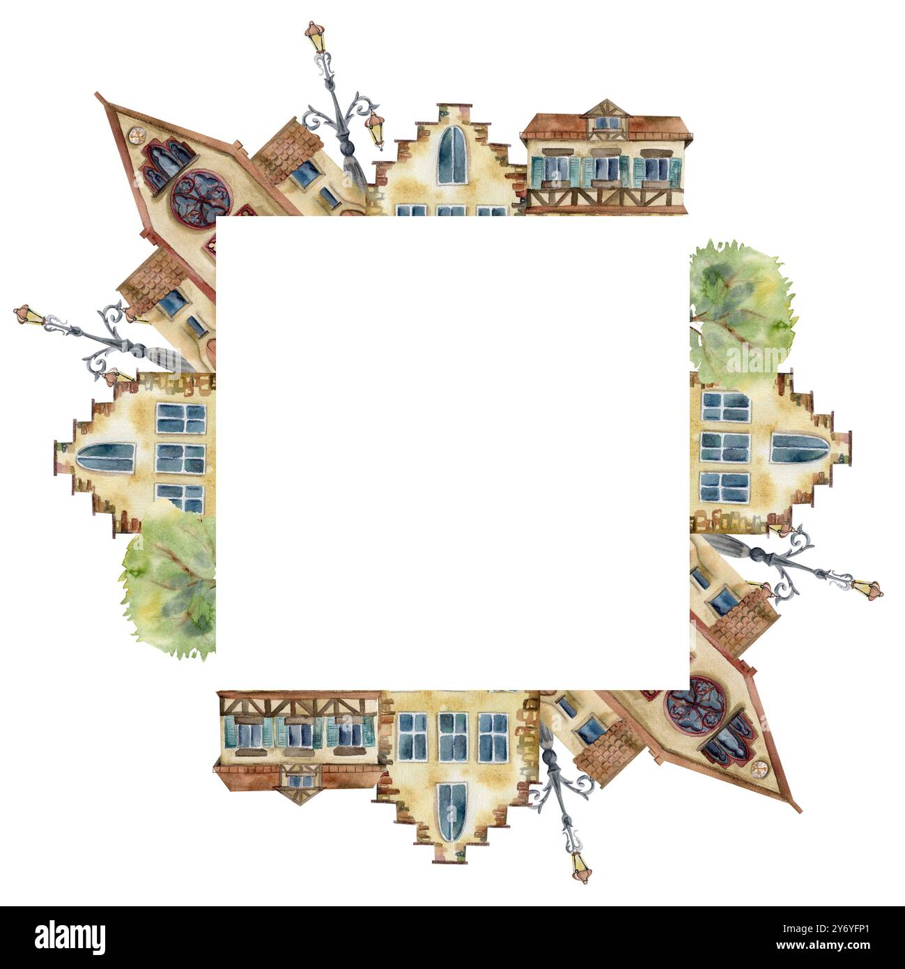 Old European city town street house church. Historical cityscape ...