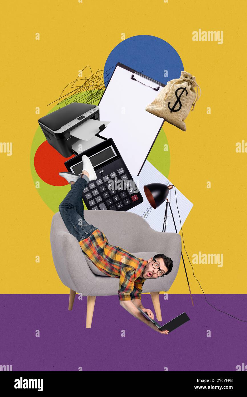 Vertical poster collage young man chair falling down employee worker ...